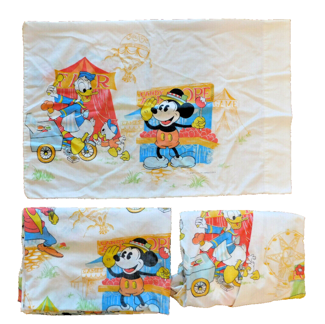 Disney Mickey Mouse Sheet Set Twin Flat Fitted Sheet Pillowcase Vintage ...