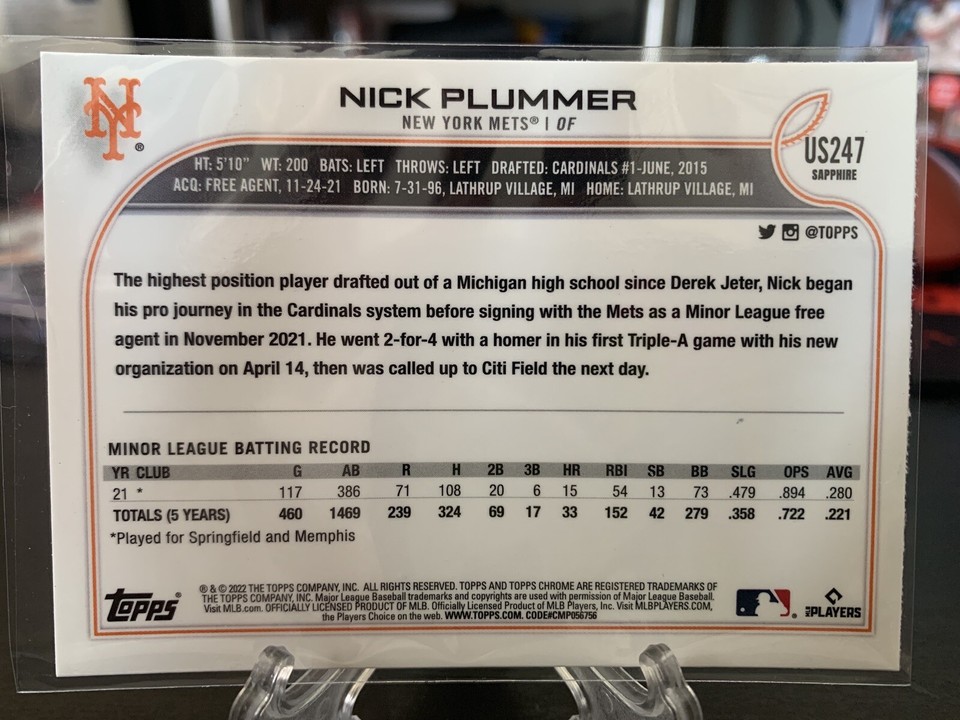 2022 Topps Chrome Update Sapphire Nick Plummer Rookie RC US247 | eBay