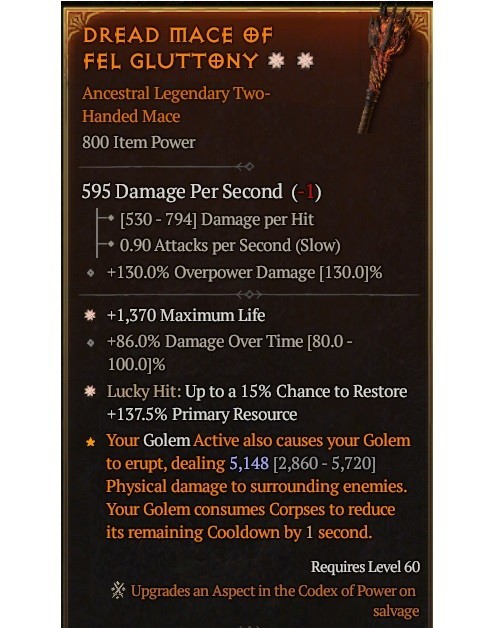 Diablo 4 Eternal Dread Mace Of Fel Gluttony 2GA Legendary Mace Weapon ...
