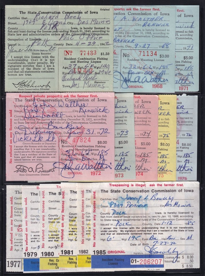 1942-1997 IOWA combo fishing/hunting resident licenses LOT of 29 used ...