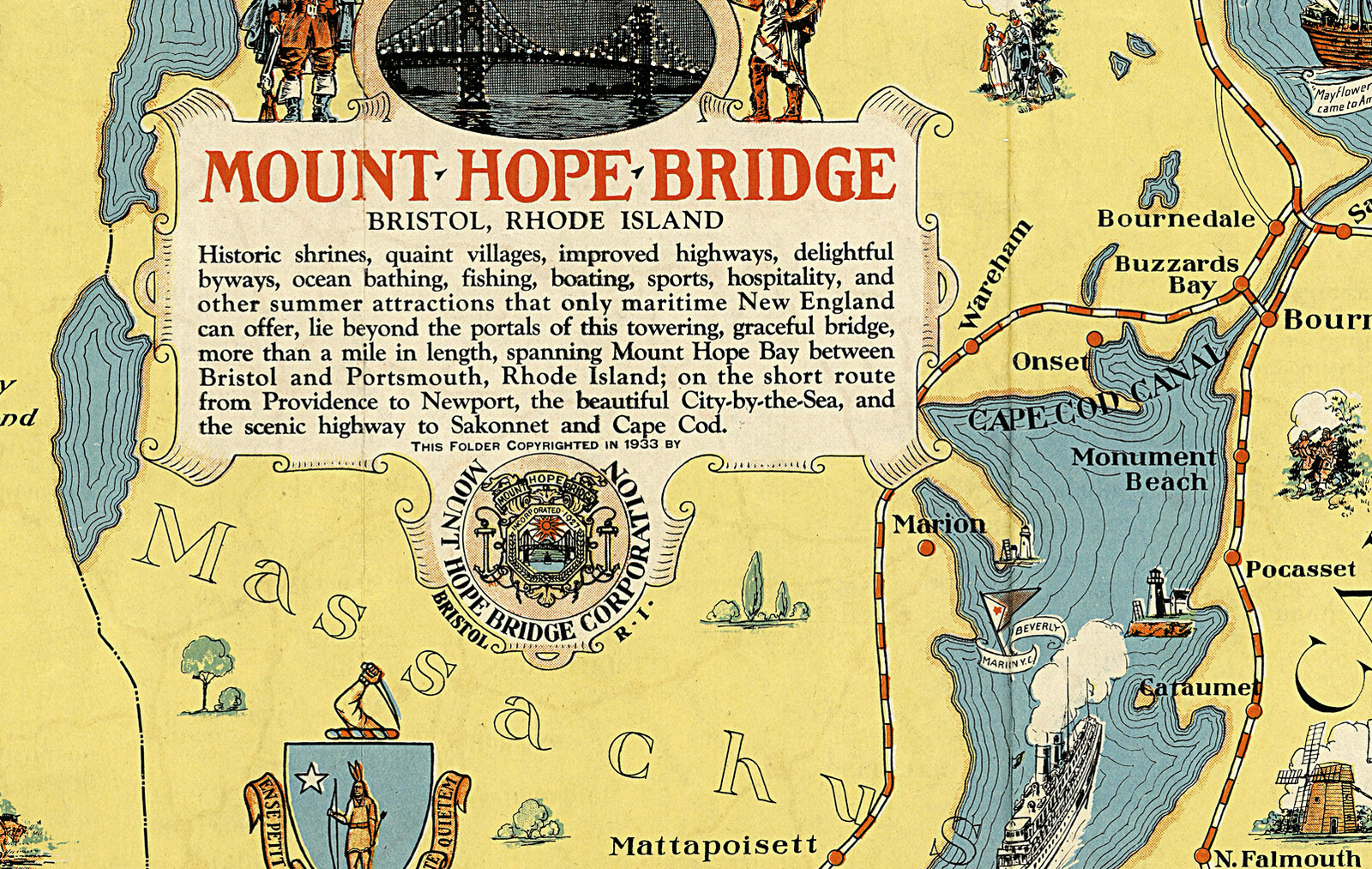 1930 Pictorial Map Mount Hope Bridge, Bristol, Rhode Island, Newport ...