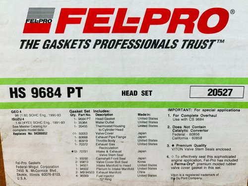 Engine Head Gasket Set Fel-Pro HS 9684 PT FOR GEO ISUZU 1.6L SOHC 91-93 ...