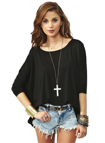 Women's Plain Loose Fit Draped Oversized T Shirt Batwing Slouch Top 8 ...