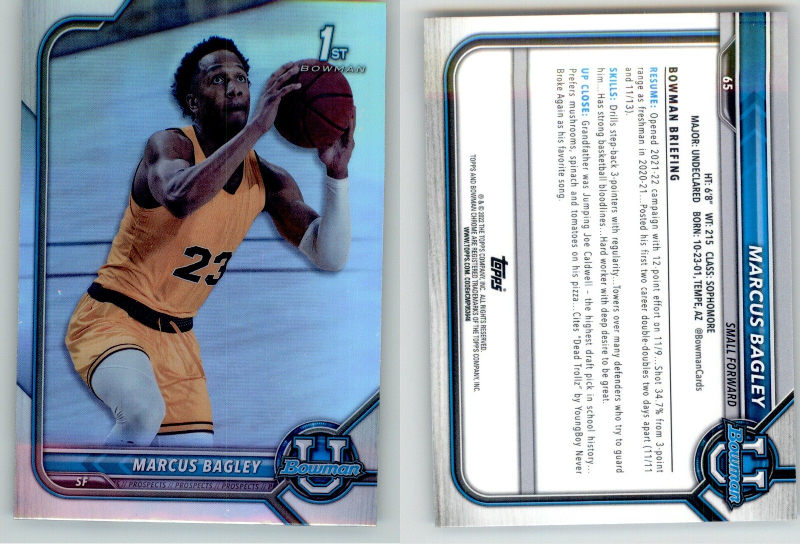 Marcus Bagley 2022 Bowman Chrome University Refractor #65 Arizona St ...