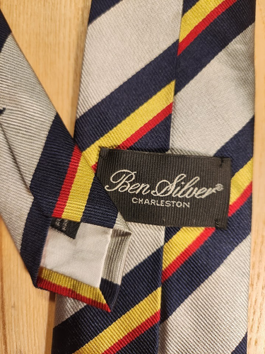 Ben Silver tie, beautiful silver with navy, yellow and red stripe, repp ...
