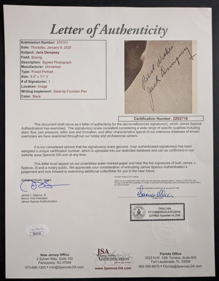 Jack Dempsey Signed Autographed Photo JSA LOA Heavyweight Boxer Boxing ...