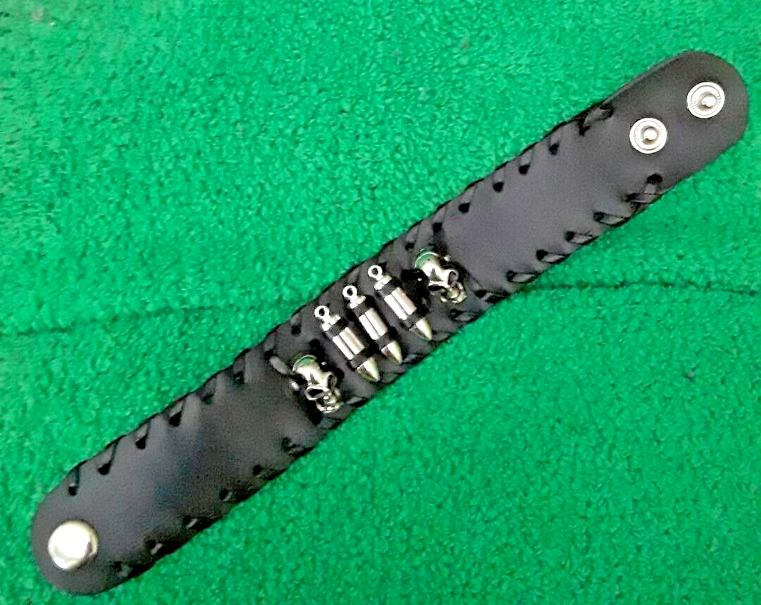 MENS LEATHER 'SKULL & BULLET' CUFF BRACELET | eBay