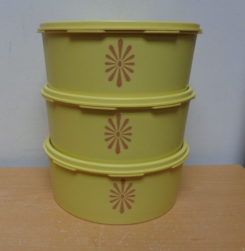 Set of 3 Vintage Round Yellow Tupperware Servalier Stacking Canisters ...
