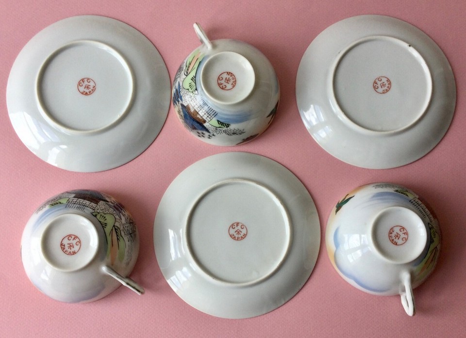 3 TASSES + 3 SOUCOUPES en PORCELAINE FINE CFC JAPAN.décor peint main ...