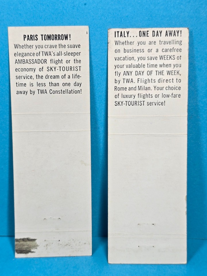 2 x Vintage Matchbook Cover TWA Trans World Airlines Paris Italy Travel ...