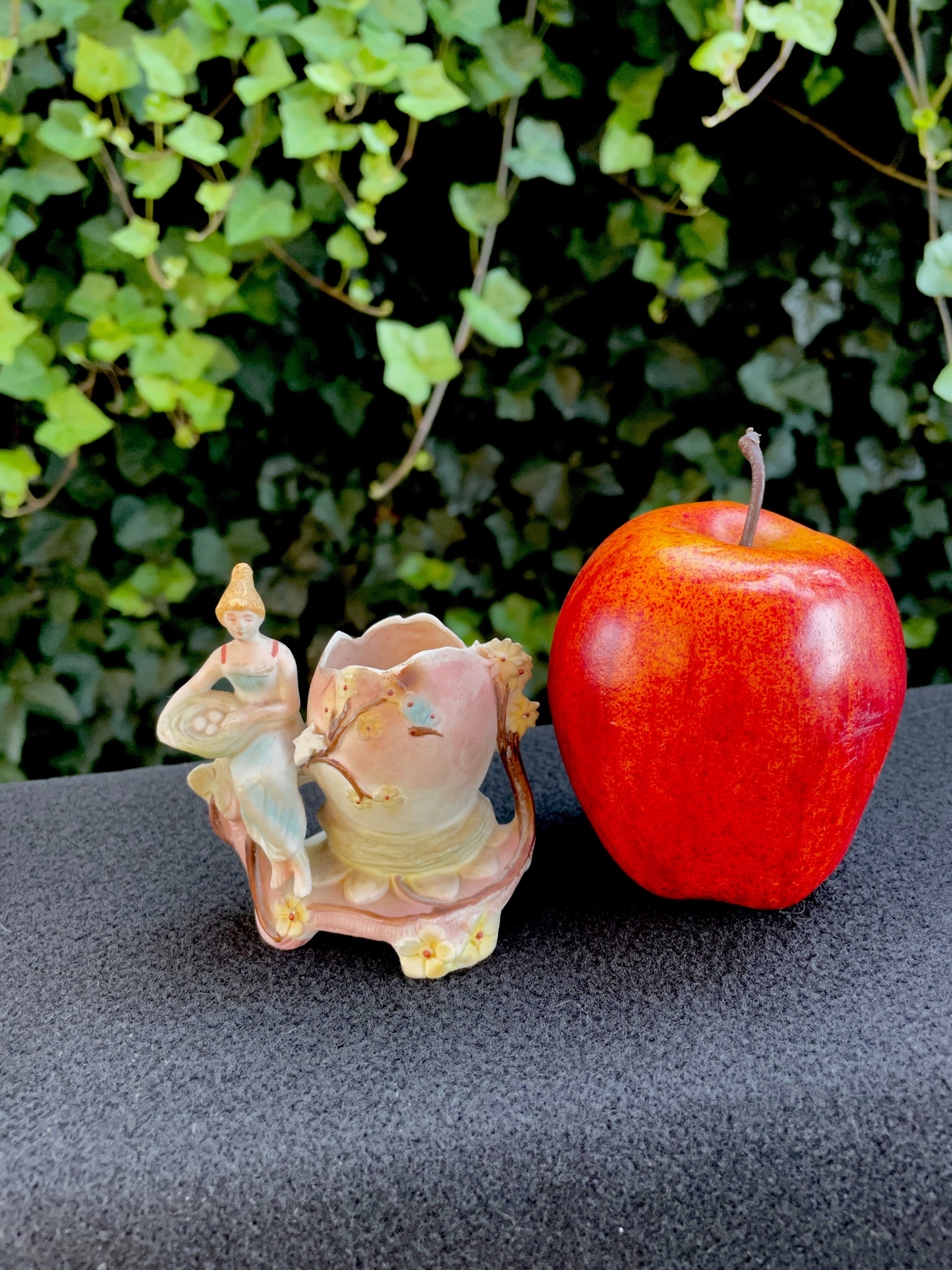 3" Antique Nouveau Bisque Young Girl Nymph Figurine sitting w Nest of ...