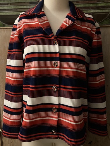 60s 70s Vtg Ribbed Poly Knit Jacket Top MOD GROOVY Stripe Enamel ...