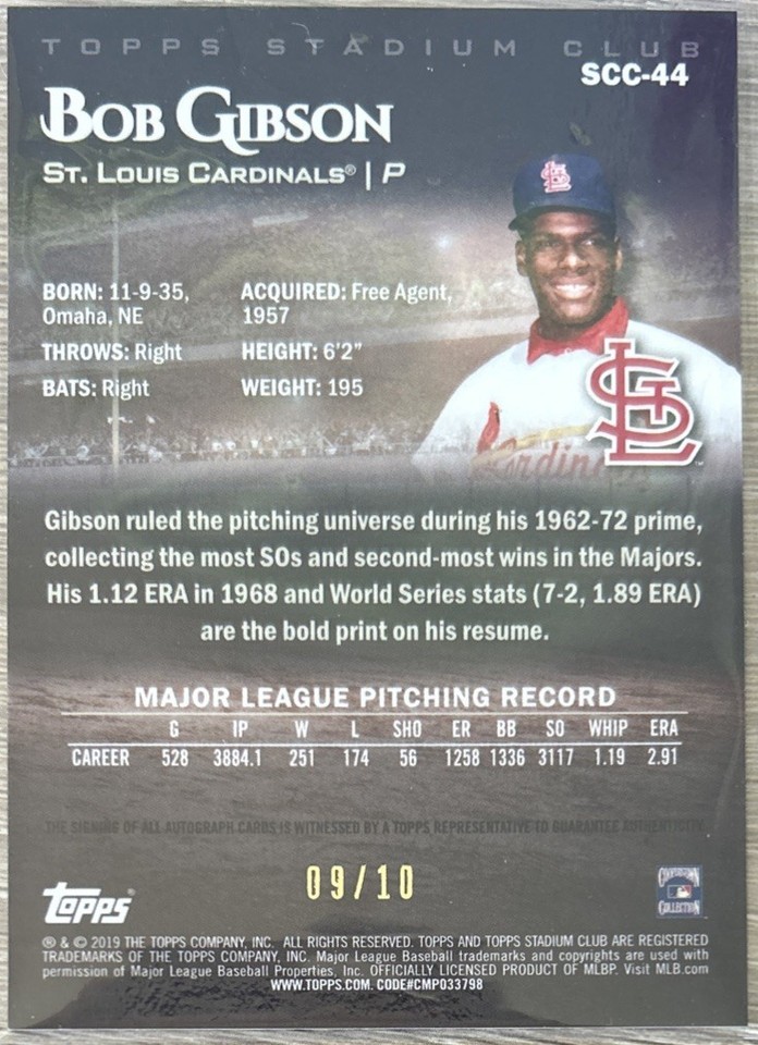 2019 Topps Stadium Club Chrome Bob Gibson Autograph #SCC-44 #9/10 HOF ...