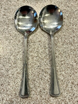 2 Oneida Needlepoint Beaded Artistry Cream Soup Spoons Stainless Round ...
