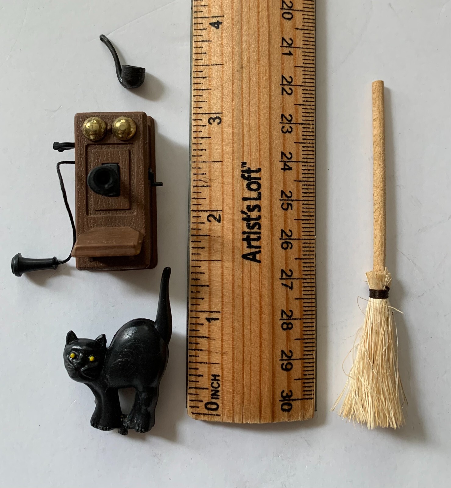 Dollhouse Miniature LOT Old Fashioned Telephone, Pipe, Broom, Black Cat ...