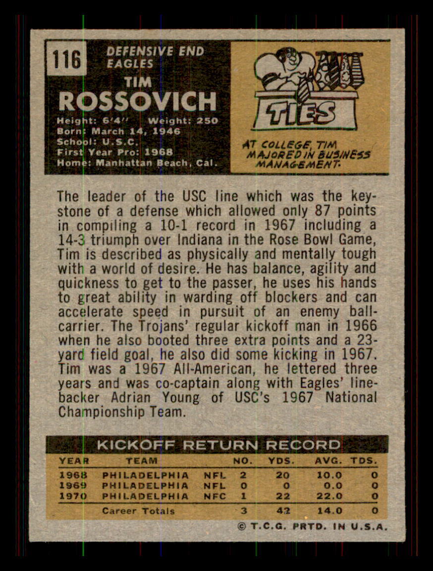 1971 Football Topps Tim Rossovich Philadelphia Eagles #116 | eBay