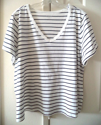 Old Navy Dk Navy Blue & White Stripe V-Neck Cotton T-shirt Knit Top 18 ...