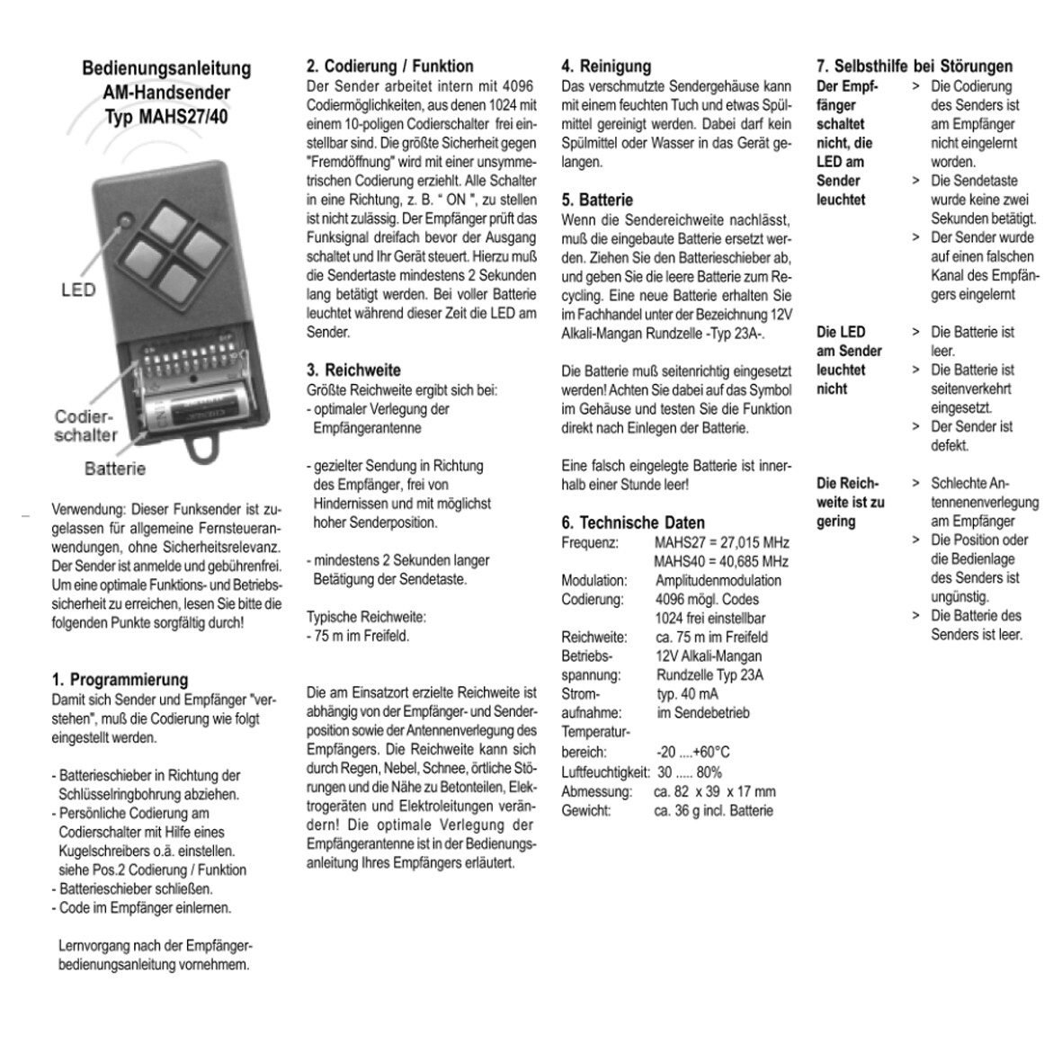 Dickert Handsender 1-Kanal 40,685 MHz AM rote LED MAHS40-01 Garagen Tor ...