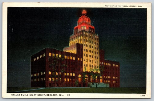 Postcard Staley Building at Night Decatur, IL D21 | eBay