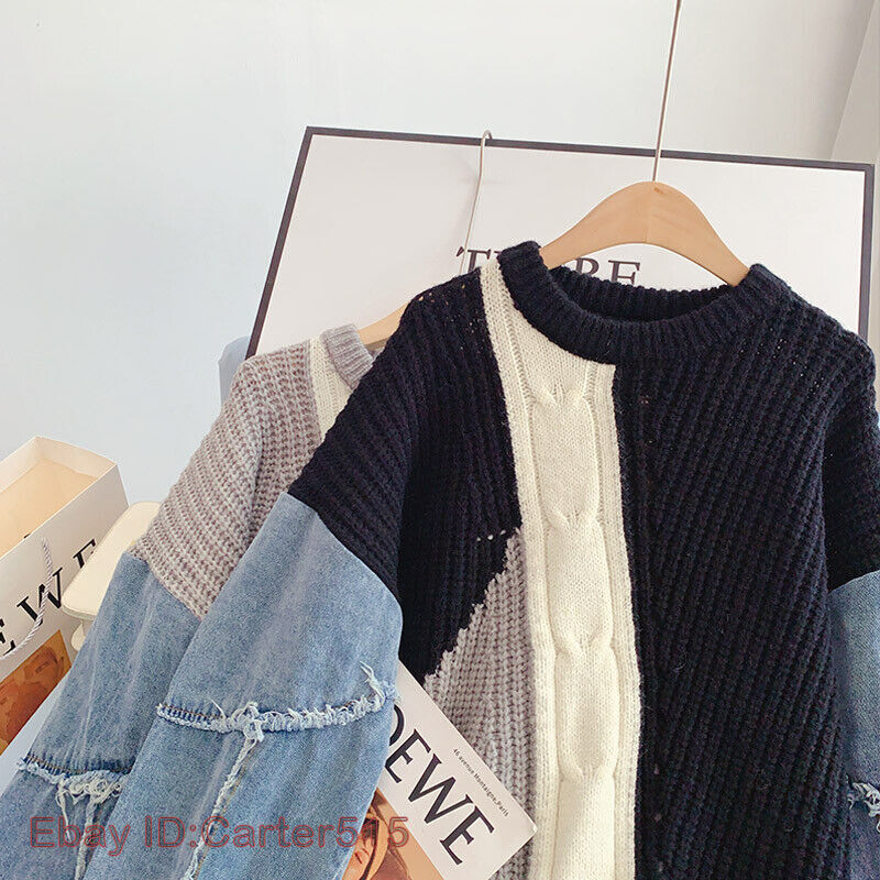 Women's Denim Sleeve Patchwork Sweater Autumn Winter Loose Lazy Knit ...