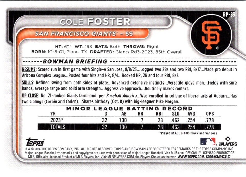 2024 Bowman Prospects Cole Foster #BP-83 San Francisco Giants Baseball ...