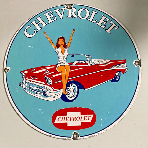 Chevrolet Porcelain Sign Chevy Bel Air with Girl Vintage Some Wear See ...