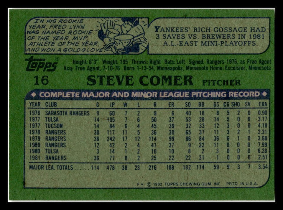 1982 Topps #16 Steve Comer EX/ NRMT | eBay