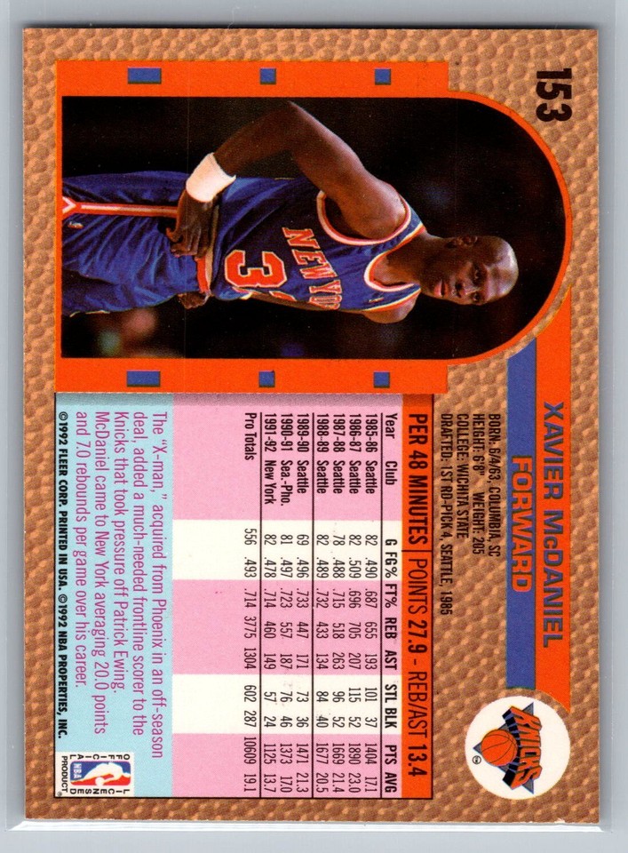 Xavier McDaniel 1992-93 Fleer BASKETBALL #153 New York Knicks | eBay