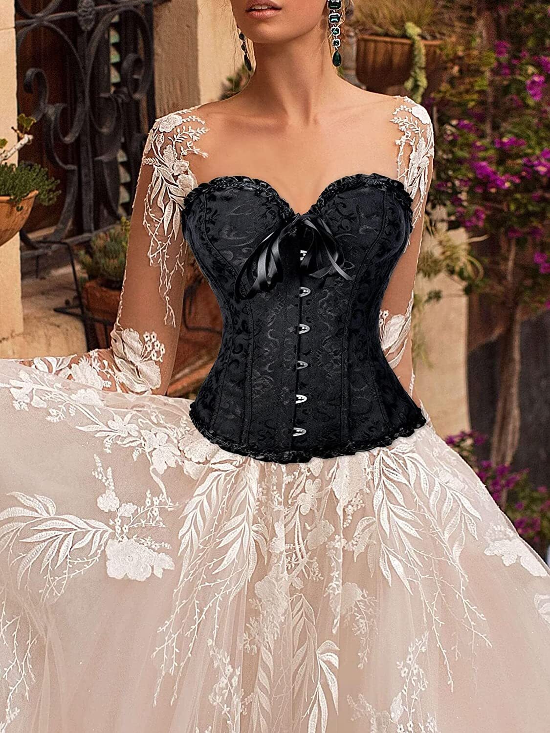 Women Black Overbust Boned Corset Bustier Burlesque Basque Punk Top ...