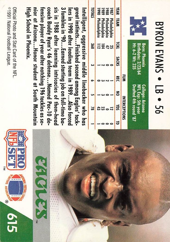 1991 Pro Set #615 Byron Evans Philadelphia Eagles | eBay