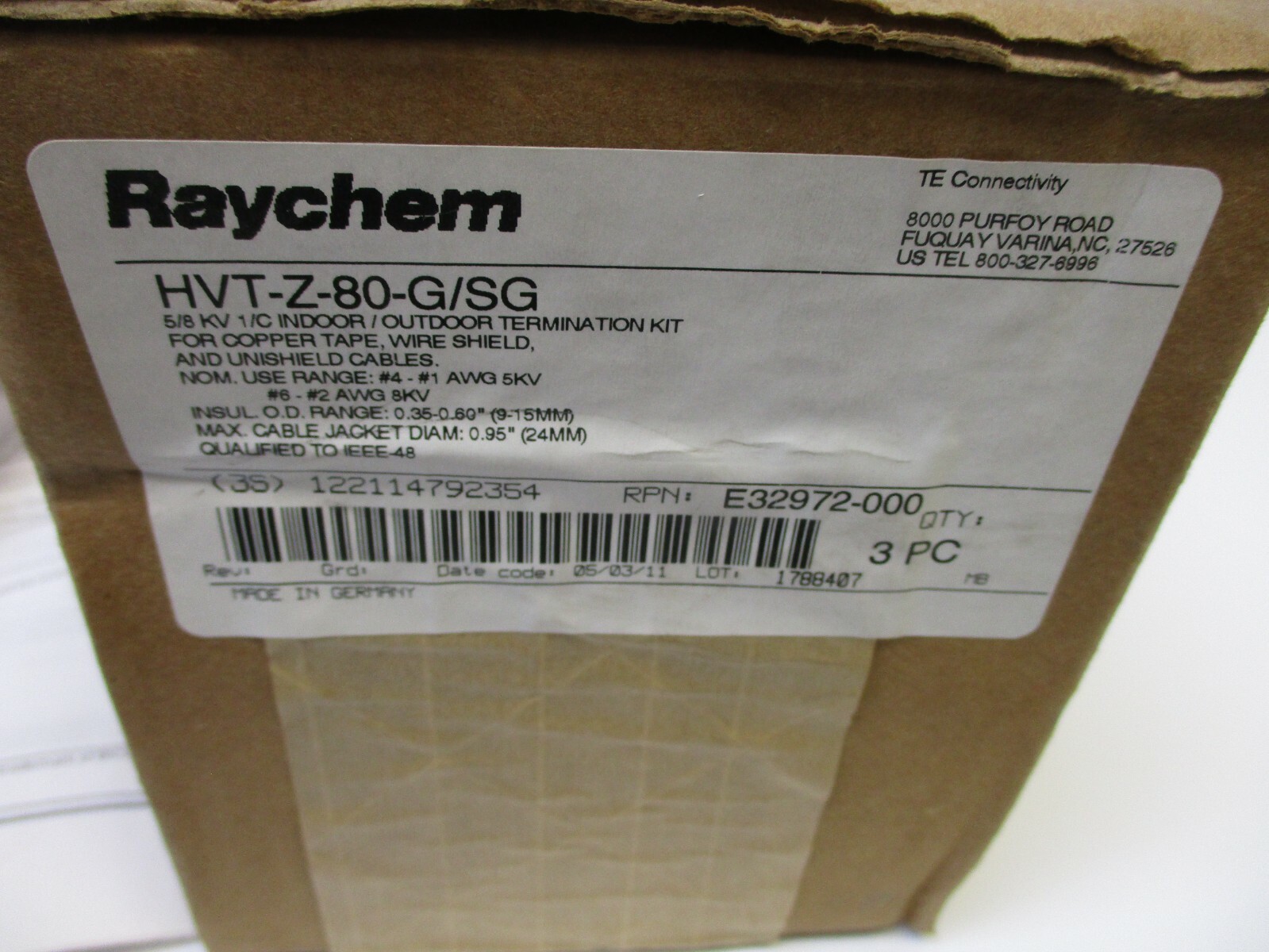 TE CONNECTIVITY RAYCHEM HVT-Z-80-G/SG 5/8KV HIGH VOLTAGE TERMINATION ...