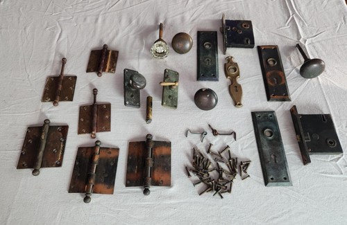 Lot of Antique Door Hardware Door Knobs, Locks, Brass Hinges screws | eBay