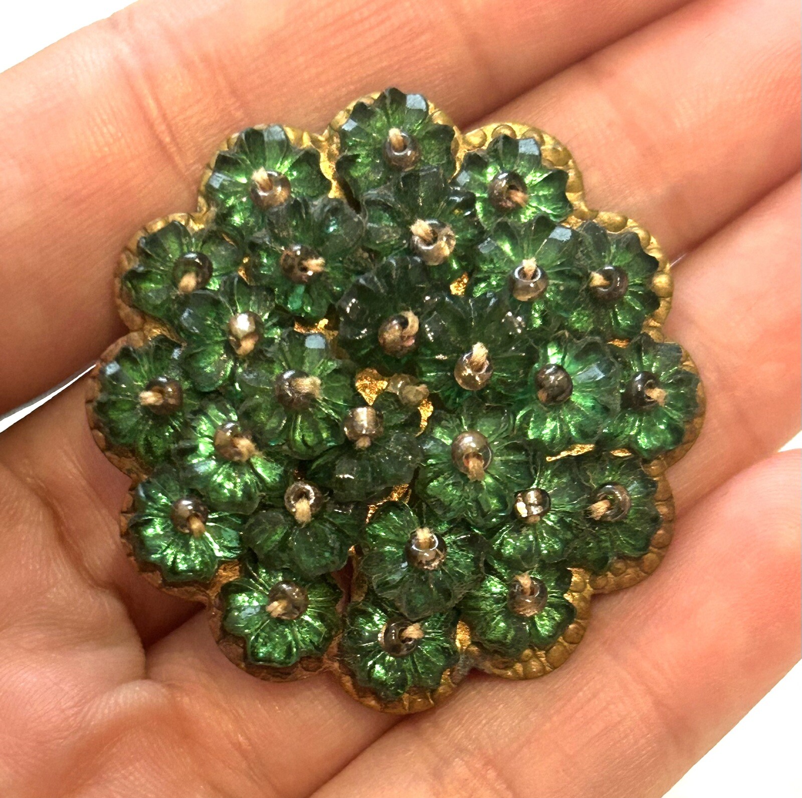 Vtg Early Unsigned Miriam Haskell Green Molded Glass Flower Brooch Sewn ...