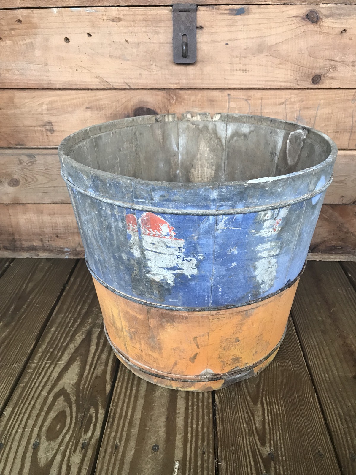 Antique Wash Bucket Soap Bucket Wood Orange & Blue Unique Country ...