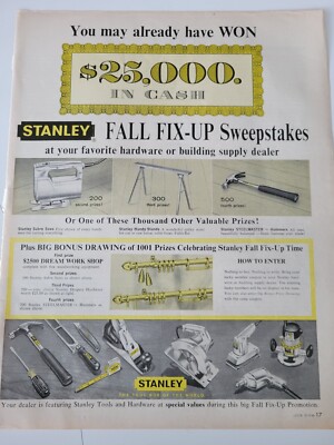 1965 Stanley tools fall fixup sweepstakes 25000 cash vintage ad | eBay