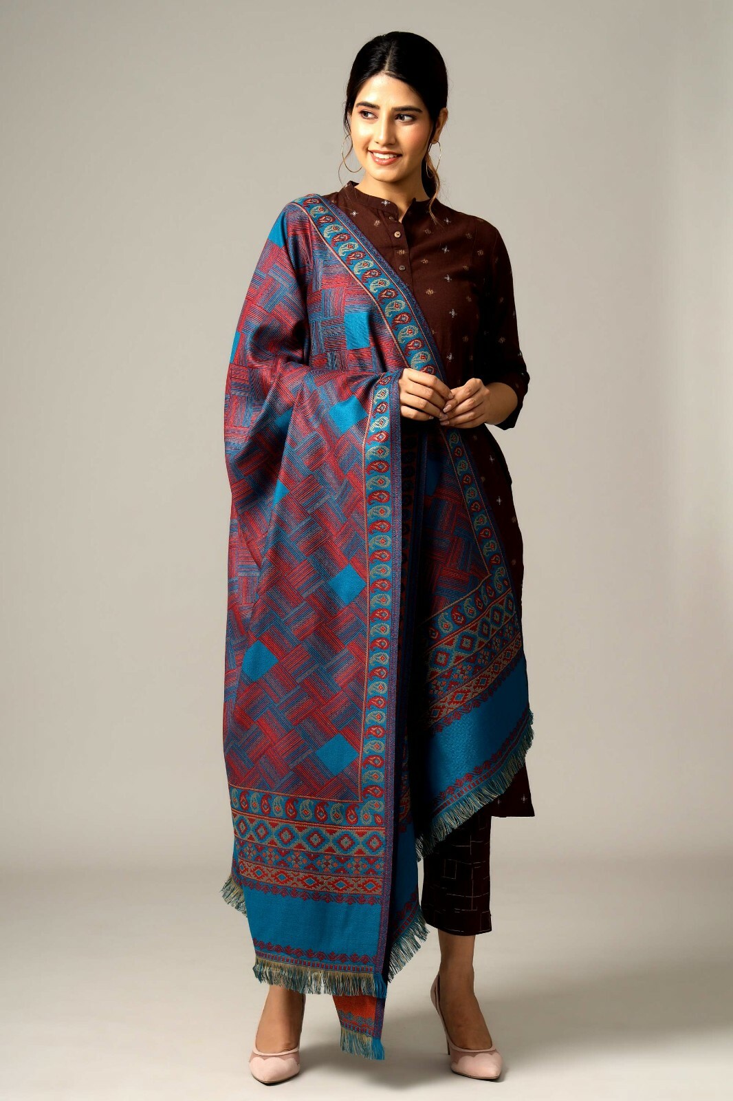 5 PC Lot Handmade Reversible, Wool, Jacquard Shawl. Jamavar Wrap ...