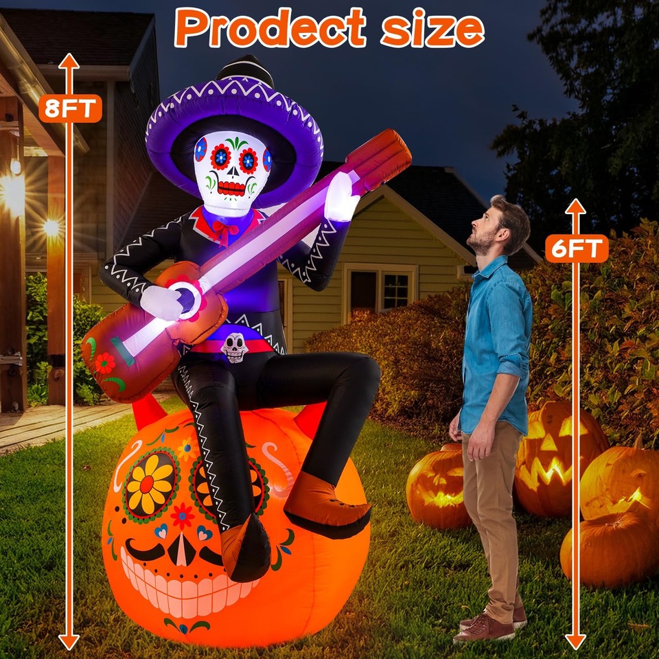 New Best WINTS 8 FT Halloween Inflatables Pumpkin Sugar Skull Guitar ...