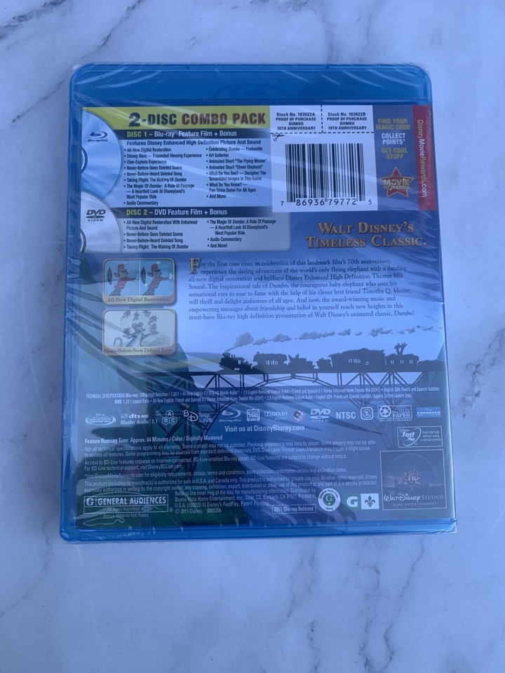 Dumbo (Blu-ray/DVD, 2011, 2-Disc Set, 70th Anniversary Edition Disney ...