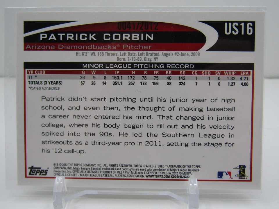 PATRICK CORBIN 2012 TOPPS UPDATE ROOKIE RC GOLD PARALLEL #0041/2012! D ...
