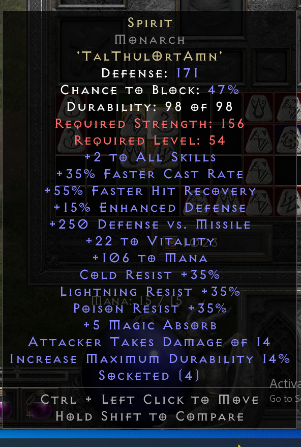 Diablo 2: Resurrected 15%ed / 35% FASTER CAST RATE D2R Spirit Monarch ...