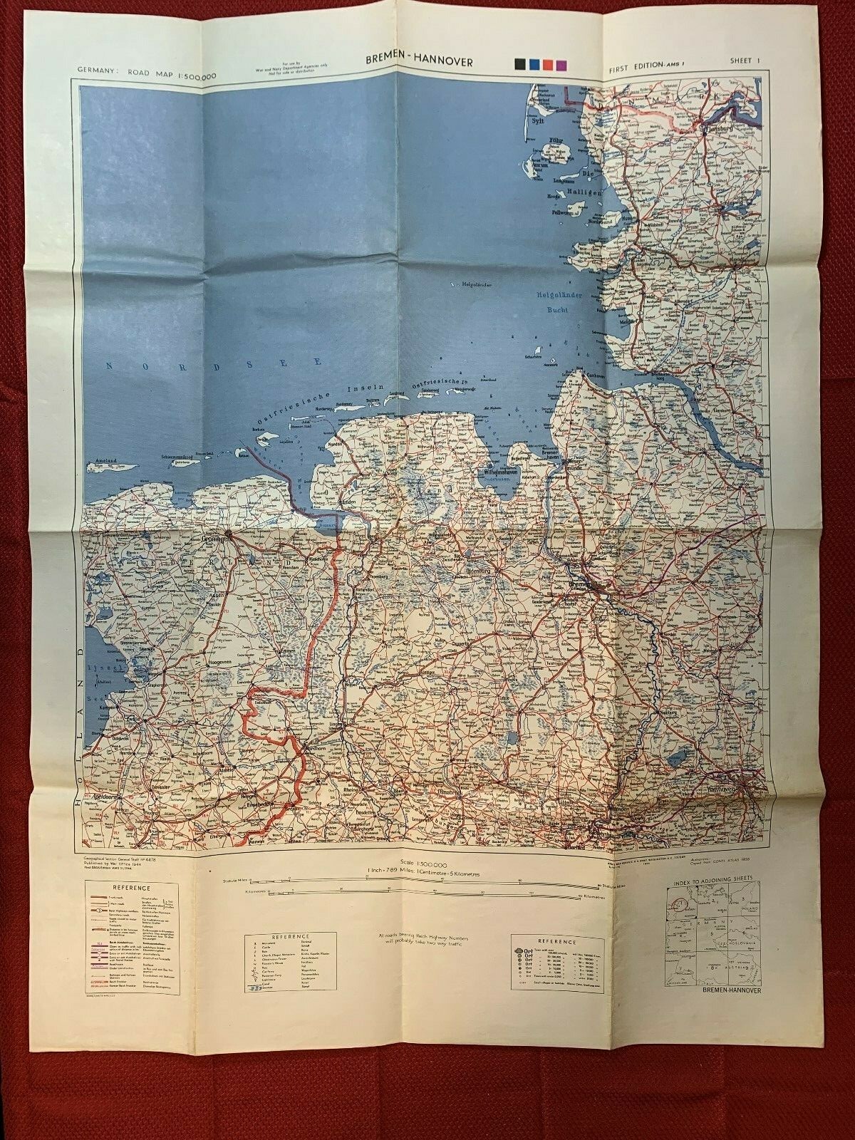 VINTAGE GERMANY WW2 MAP BREMEN HANNOVER 35X28 1944 1:500,000 SCALE 103A ...