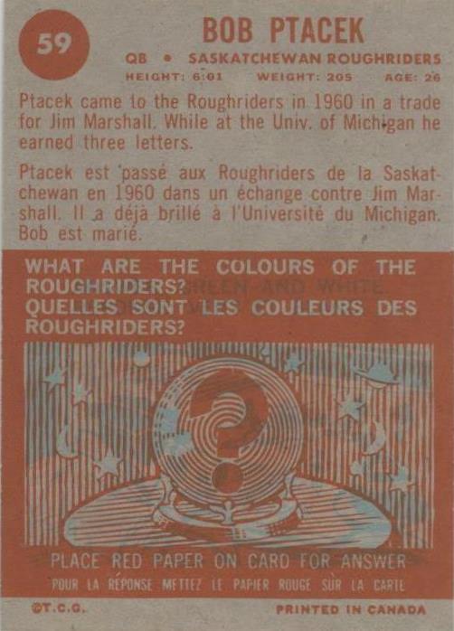 1963 Topps CFL Bob Ptacek #59 for sale | eBay