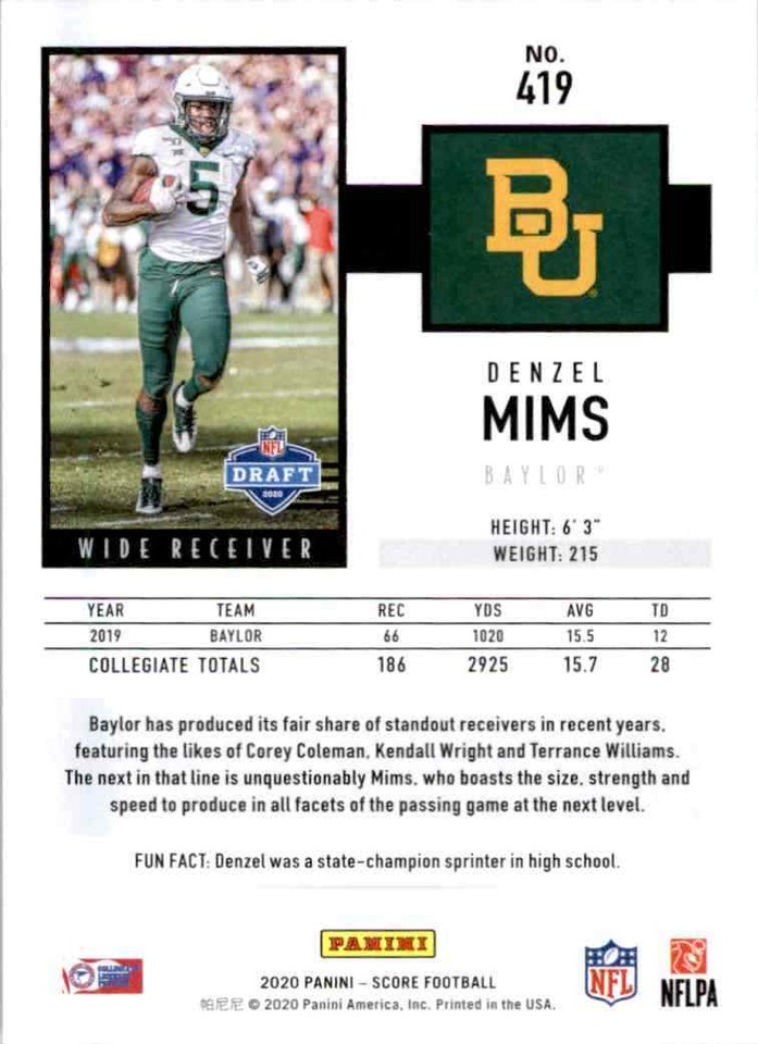 2020 Score #419 Denzel Mims Baylor Bears Football Card | eBay