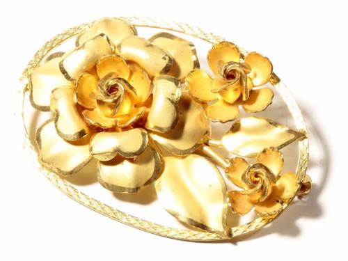 Antique Czech Bohemian ornate gold tone oval floral pin brooch Neiger ...