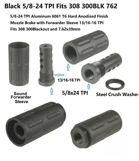 Muzzle Brake 5/8X24 TPI For .308 300 7.62 With 13/16X16 Sound Redirect ...