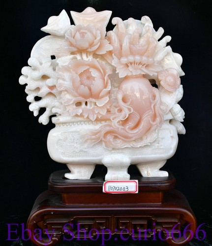 15" Natural Pink Xiu Jade Jadeite Carved Flower ginseng fingered citron ...