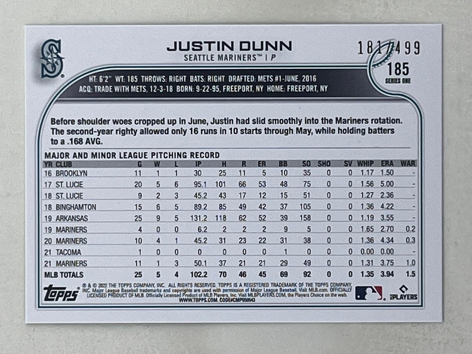 Justin Dunn 2022 Topps Series 1 Green Foil /499 #185 MLB Seattle ...