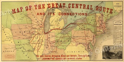1856 Great Central Route - Michigan Central Railroad Map - 12x24 | eBay