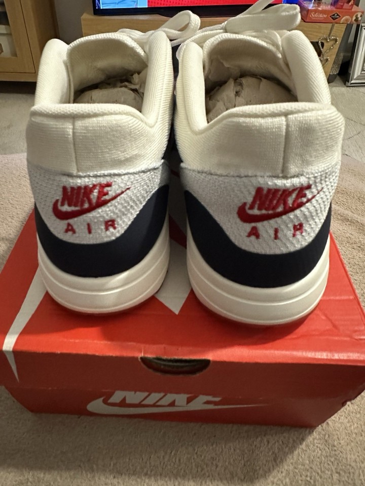 *Brand New Nike Air Max 1 Ultra 2.0 Flyknit Trainers Red White Blue UK ...