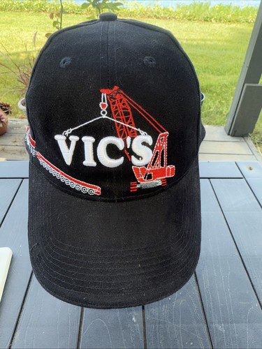 Vics Crane and Heavy Haul w Truck and Crane on Black Hat Cap Red White ...